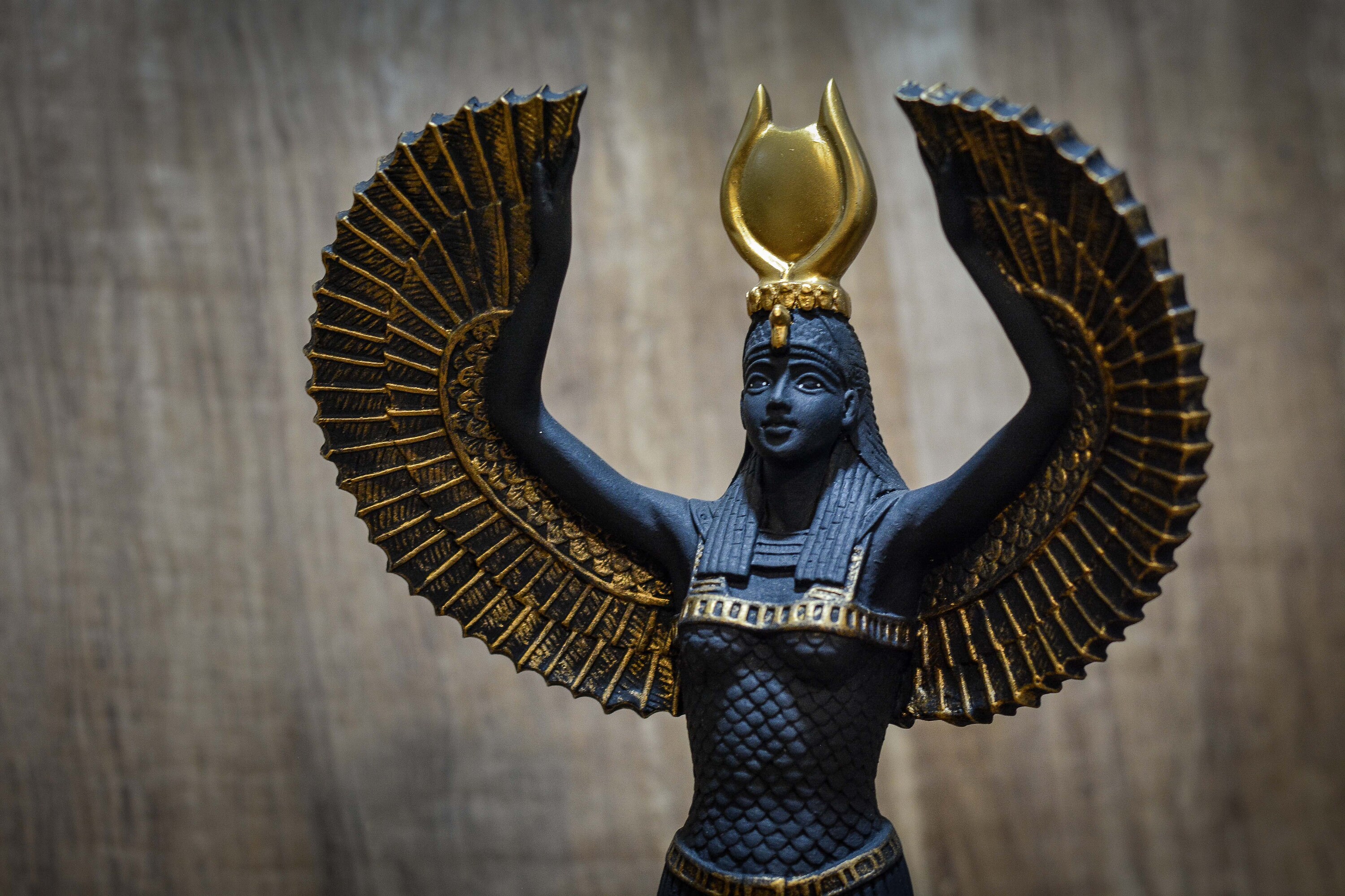 Isis Wings Goddess Statue Large Sculpture Black Gold Unique Egyptian ...