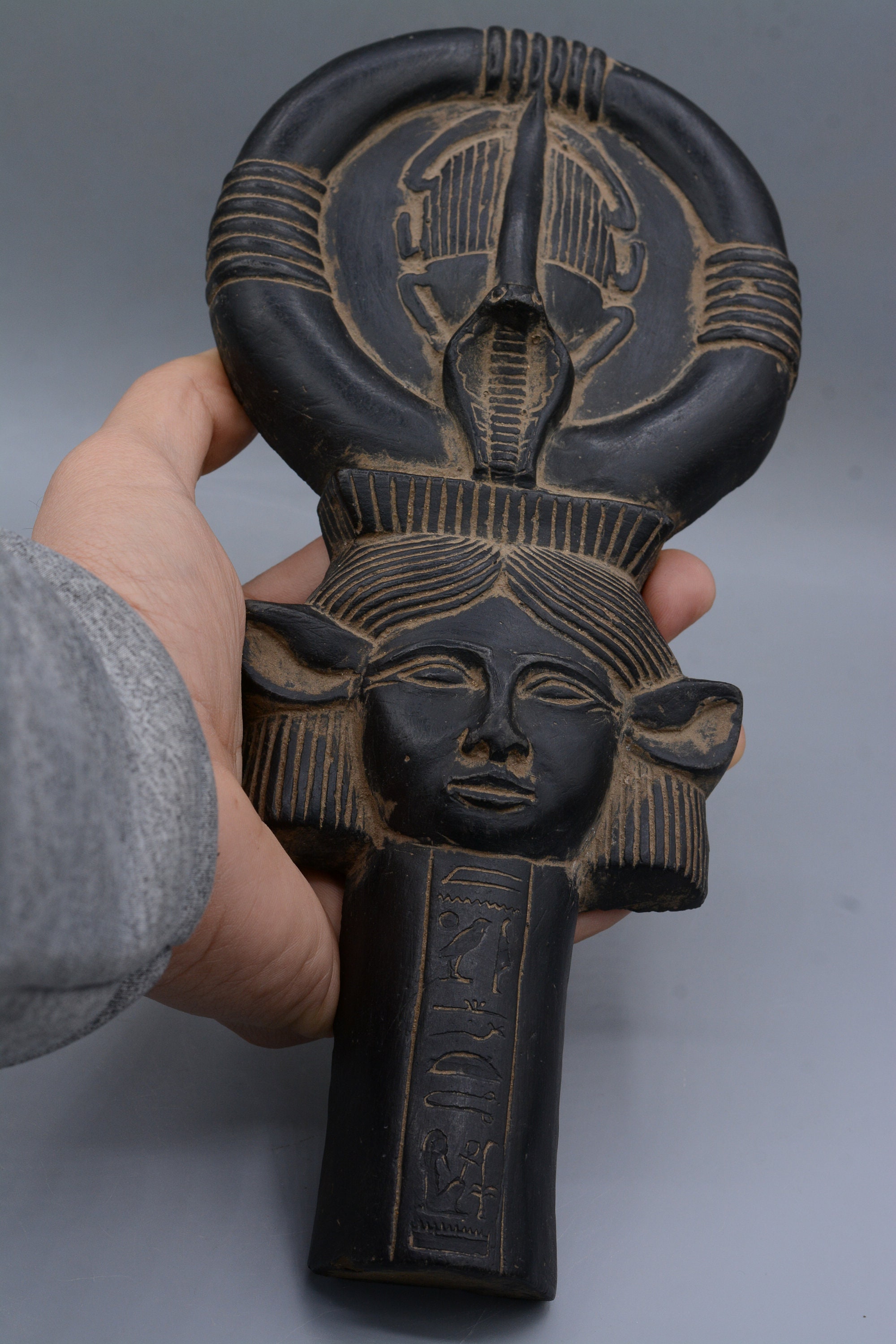Ankh the Goddess Hathor Cow's Ear Key of Life With Scarab Stone, Black ...