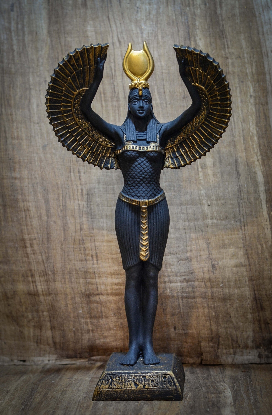 Isis Wings Goddess Statue Large Sculpture Black Gold Unique Egyptian ...