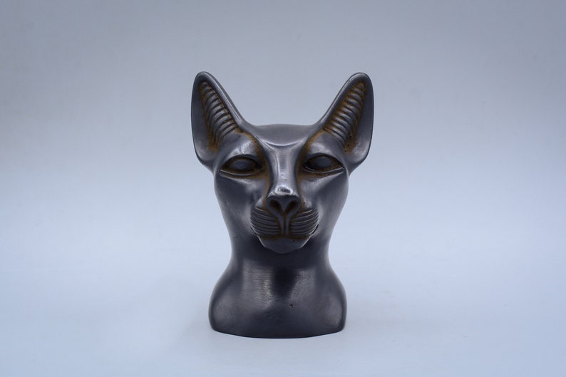 Egyptian Art Figurine Goddess Bastet Head Black Solid Stone Made in ...