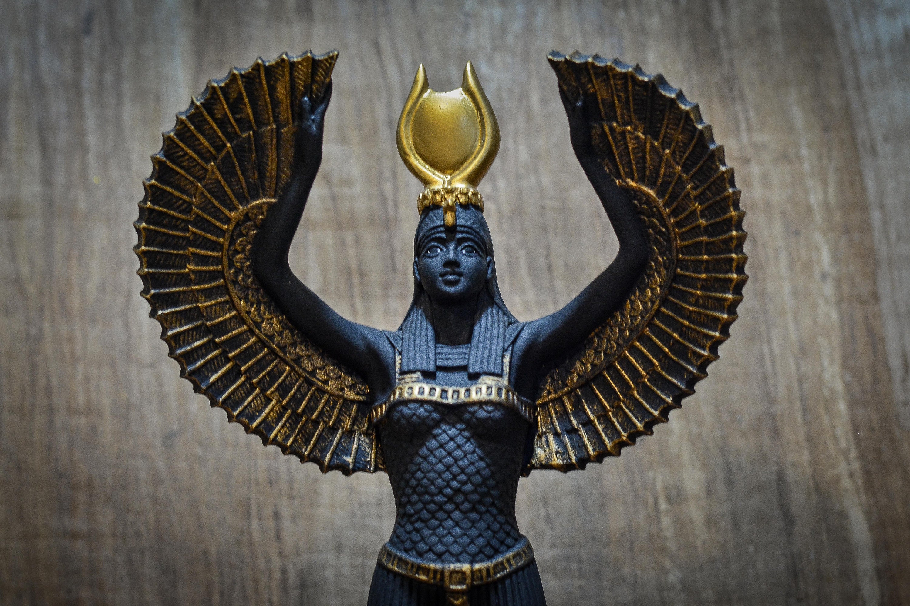 Isis Wings Goddess Statue Large Sculpture Black Gold Unique Egyptian ...