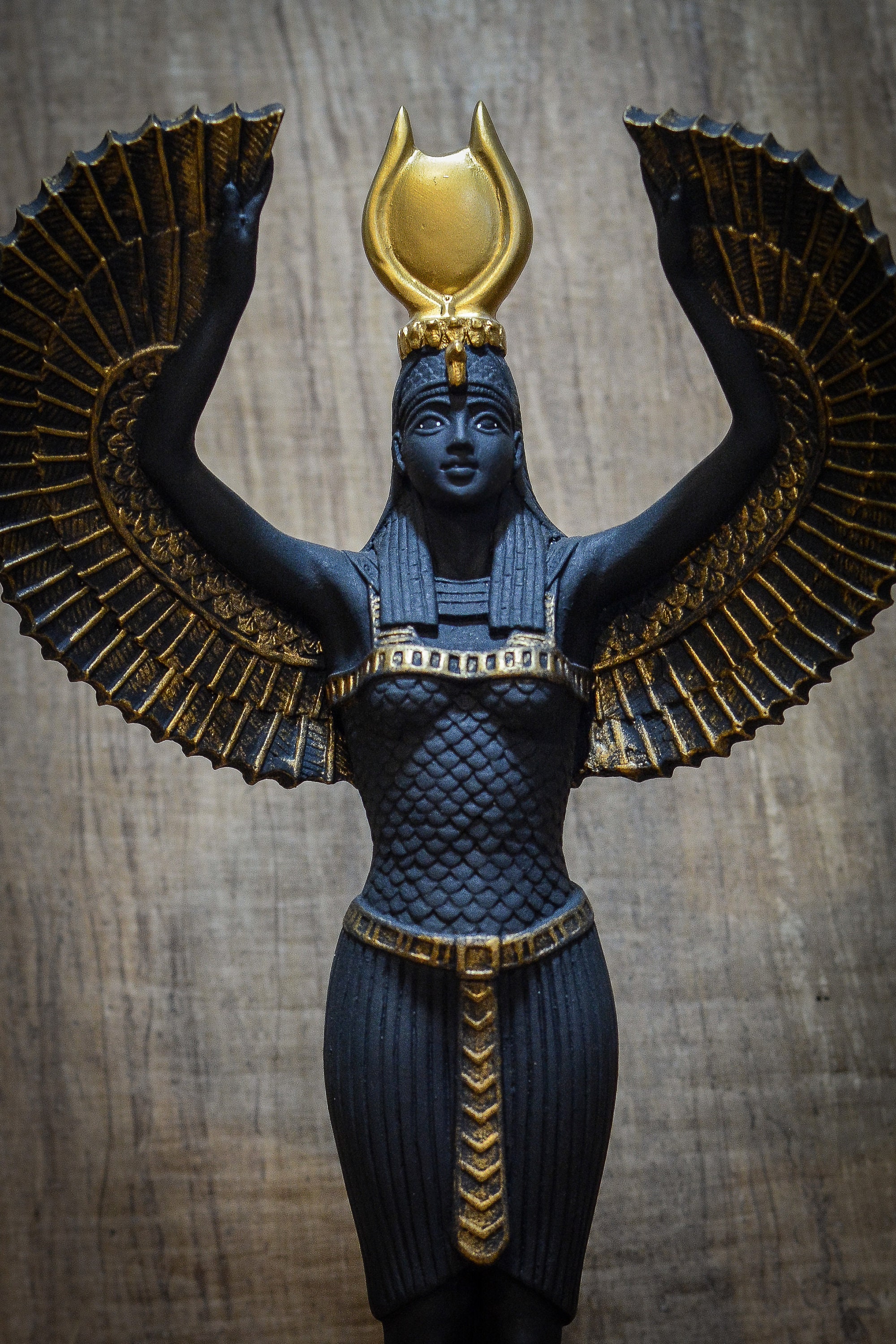 Isis Wings Goddess Statue Large Sculpture Black Gold Unique Egyptian ...