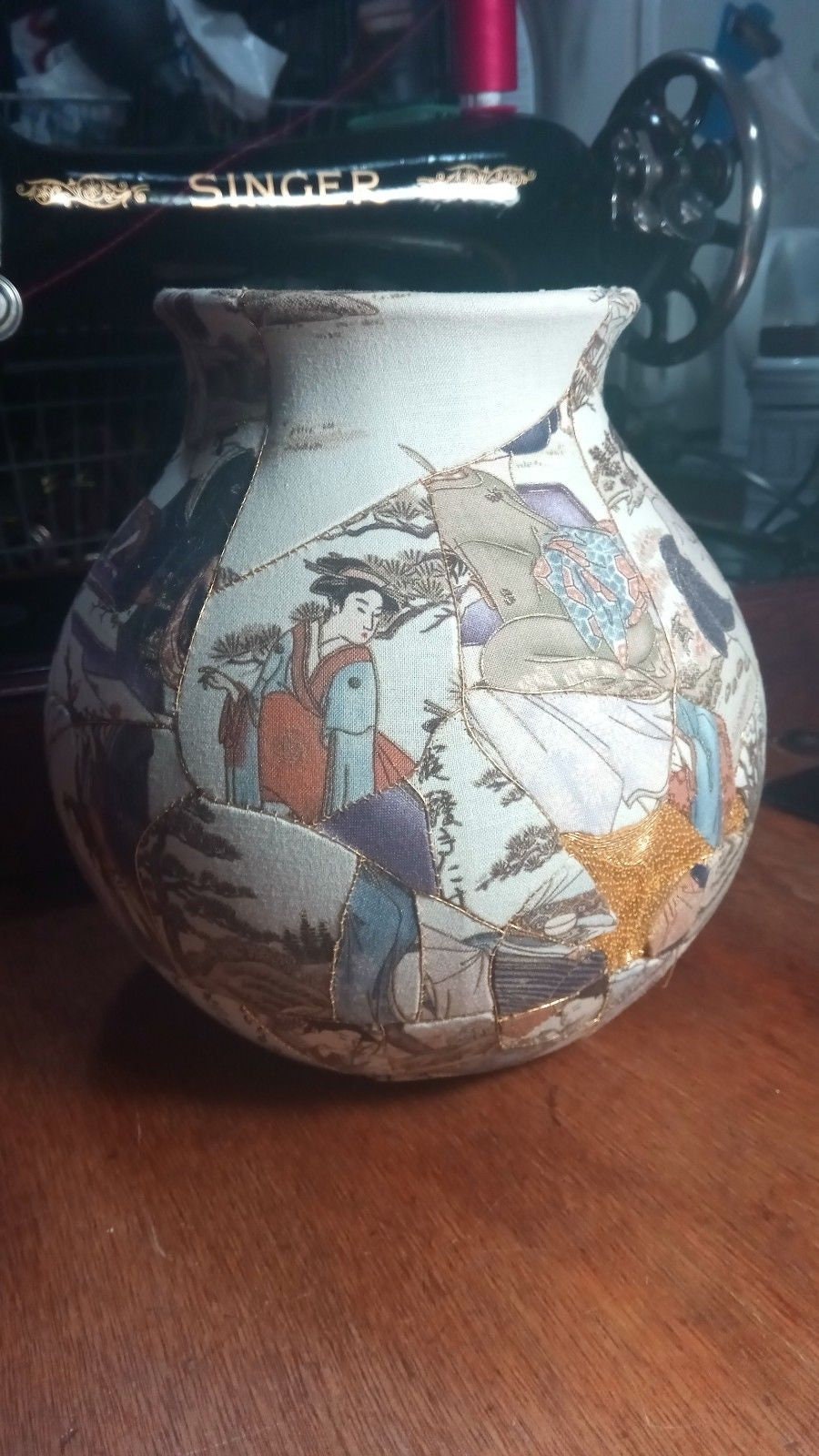 Kintsugi Hand Embroidered Broken Pot Artwork Goldwork by Hanging by a ...