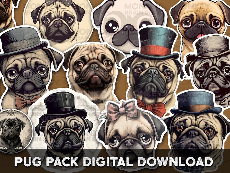 A Collection of 35 Premium Printable Pugs High Resolution JPG, PDF, and ...