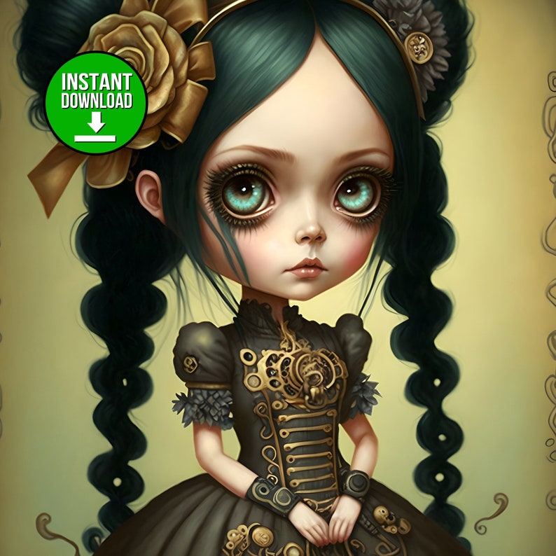 Steampunk Goth Girl on Yellowish Green Background. Digital Art Download ...