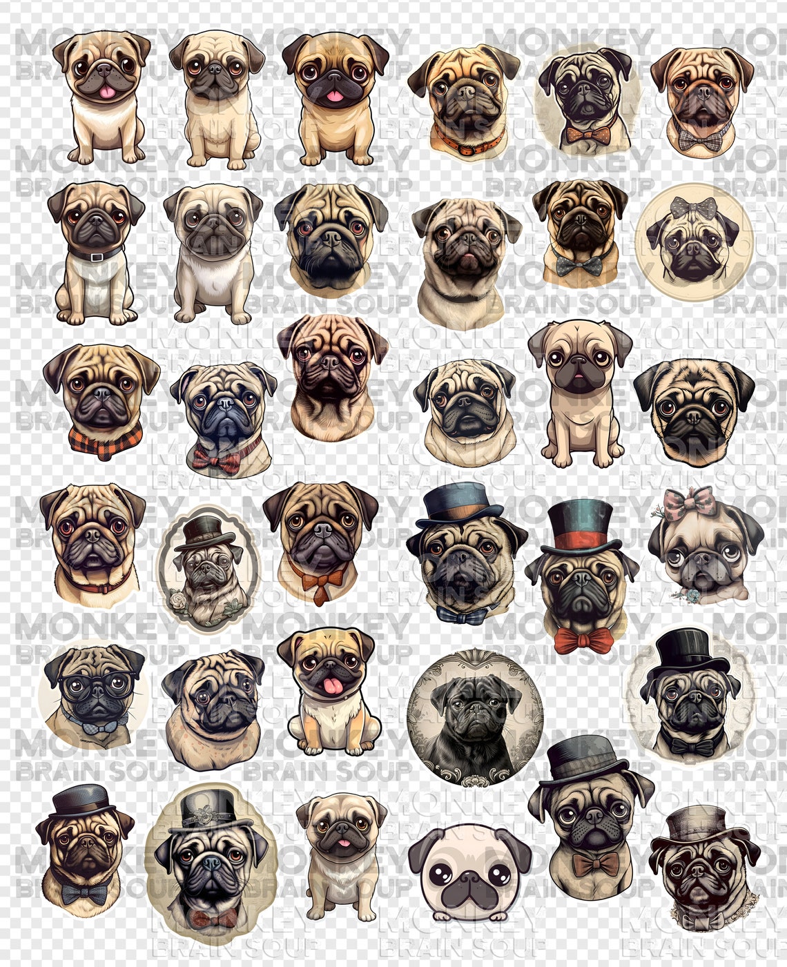 A Collection of 35 Premium Printable Pugs High Resolution JPG, PDF, and ...