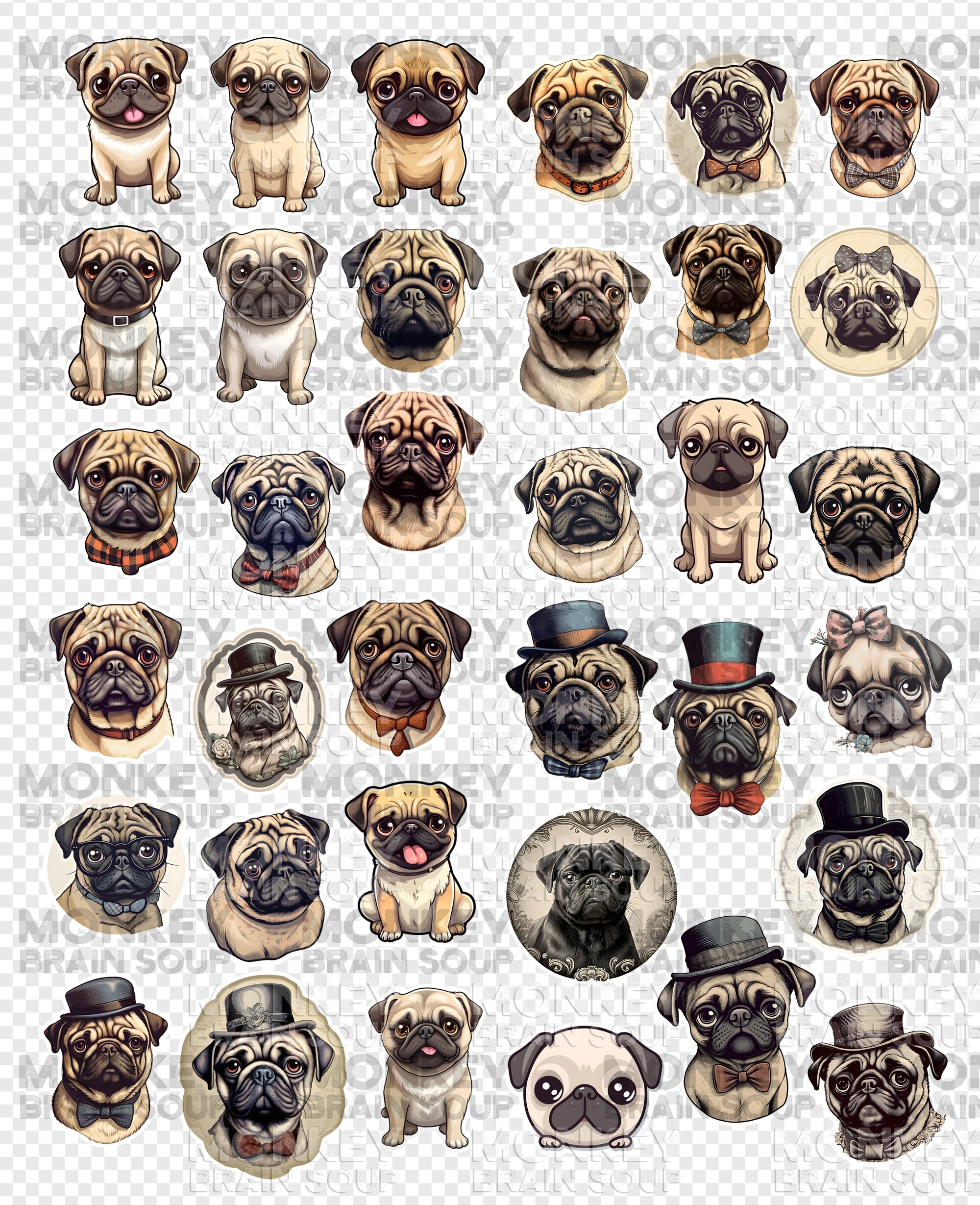 A Collection of 35 Premium Printable Pugs High Resolution JPG, PDF, and ...