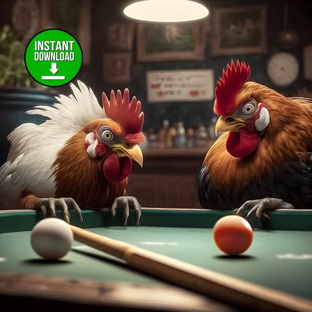 Roosters Playing Pool - Original Printable Art Download - Etsy