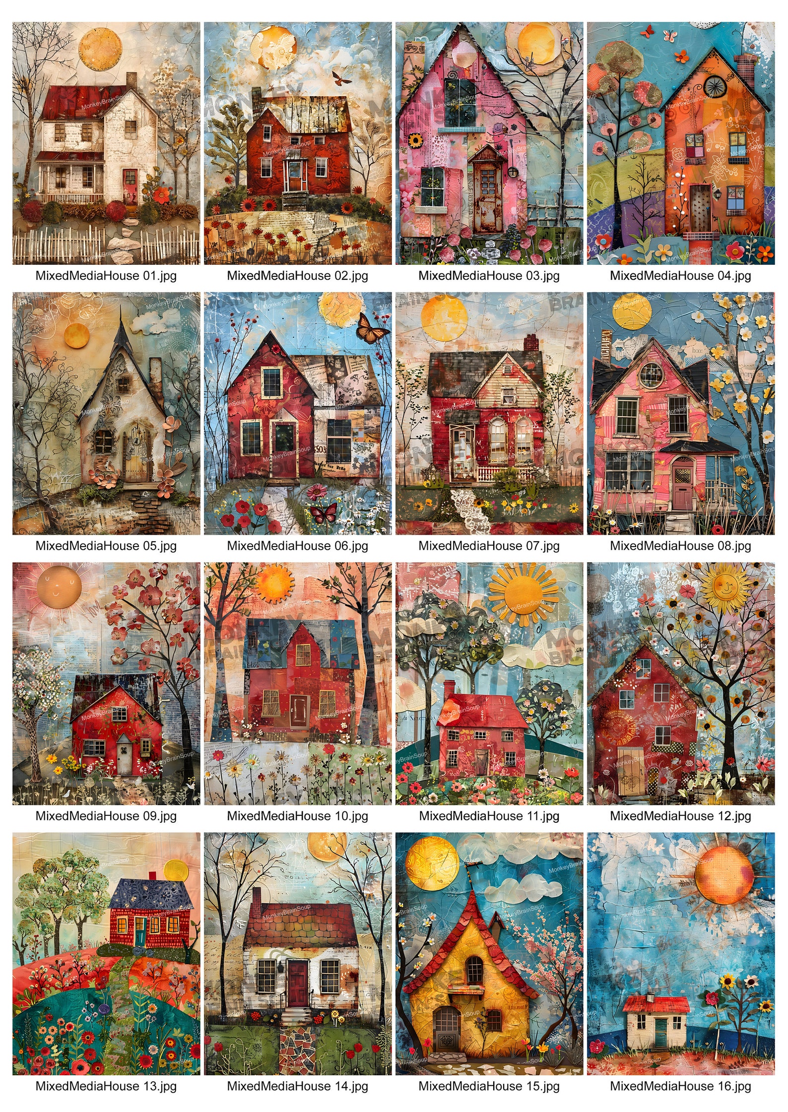Printable Mixed Media Houses. A Collection of 16 Shabby Chic Art Pages ...