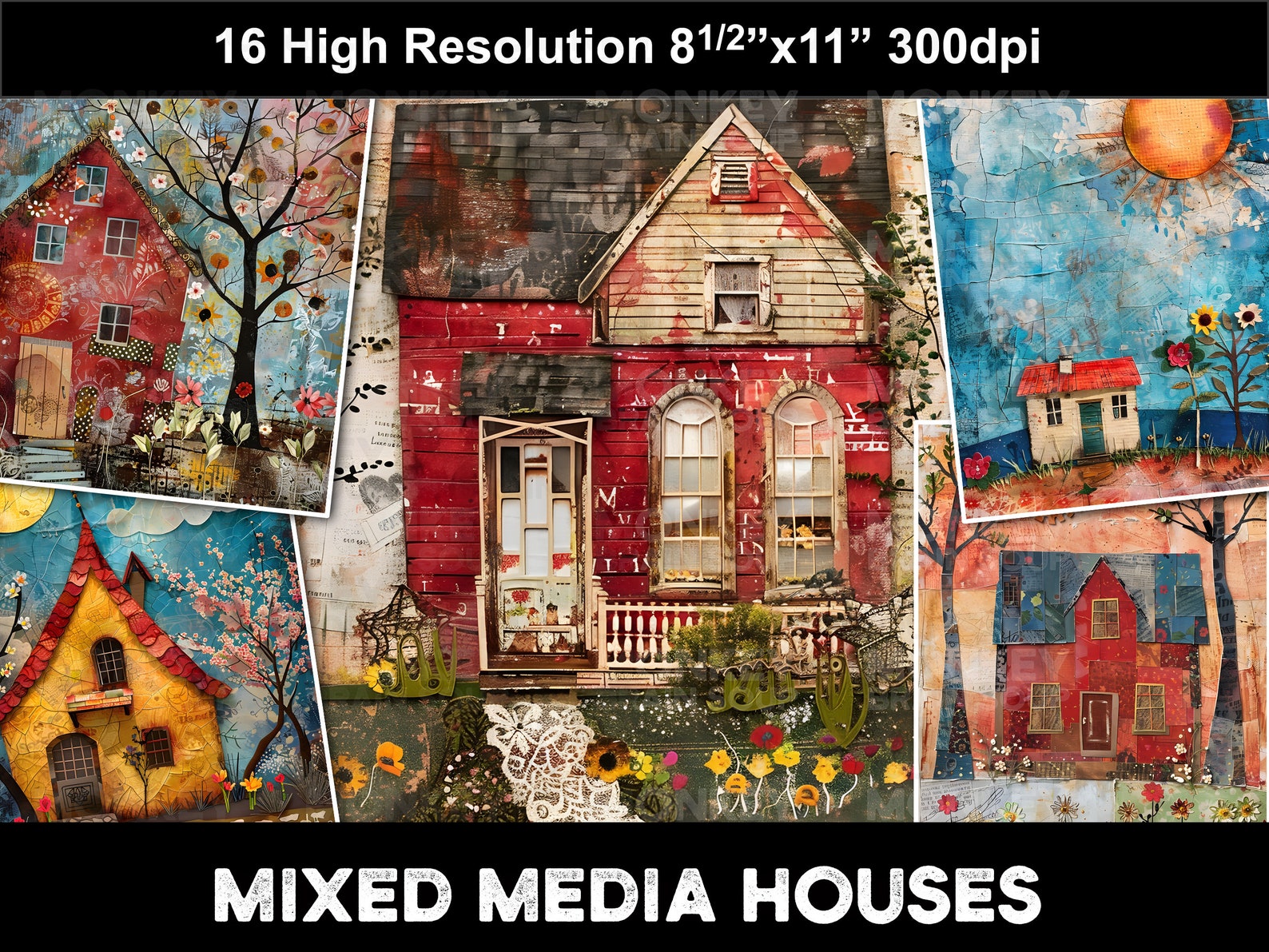Printable Mixed Media Houses. A Collection of 16 Shabby Chic Art Pages ...