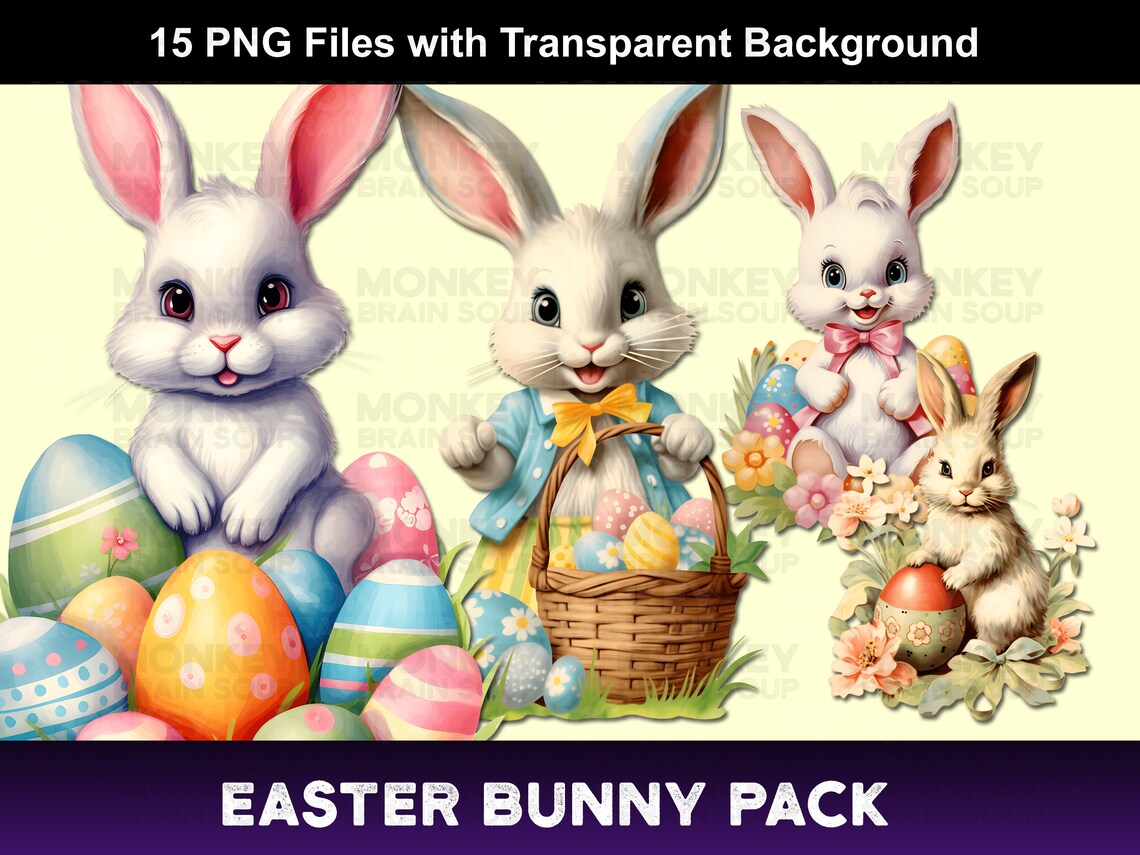 Printable Easter Bunny Clipart on Transparent Background. 300DPI ...
