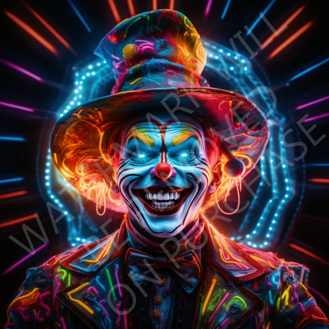 Bright Neon Scary Clown Art AI Portrait Art Interior Decoration Room ...