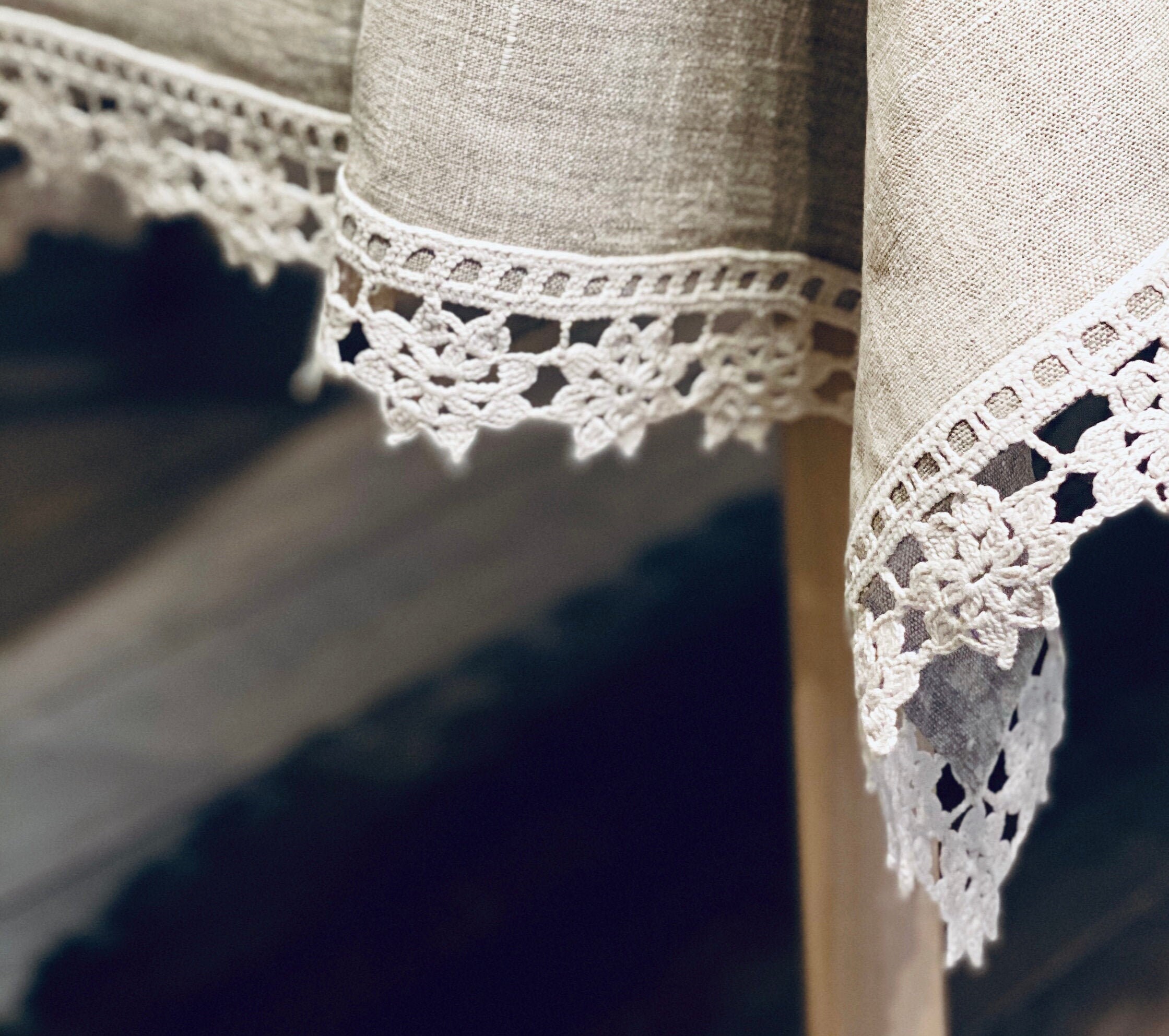 Stunning Gray Linen Tablecloth With White Handmade Crochet Lace Borders ...