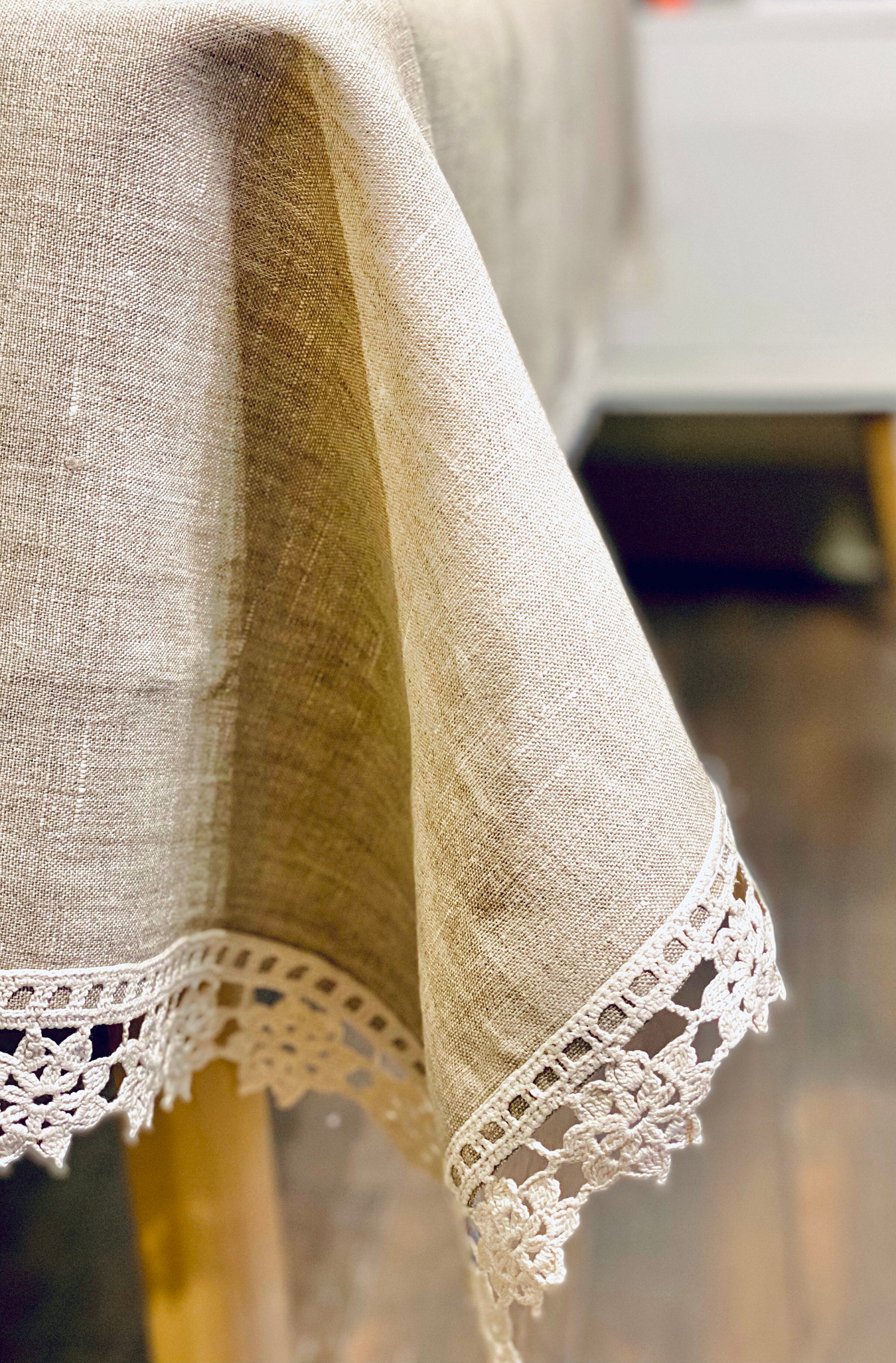 Stunning Gray Linen Tablecloth With White Handmade Crochet Lace Borders ...