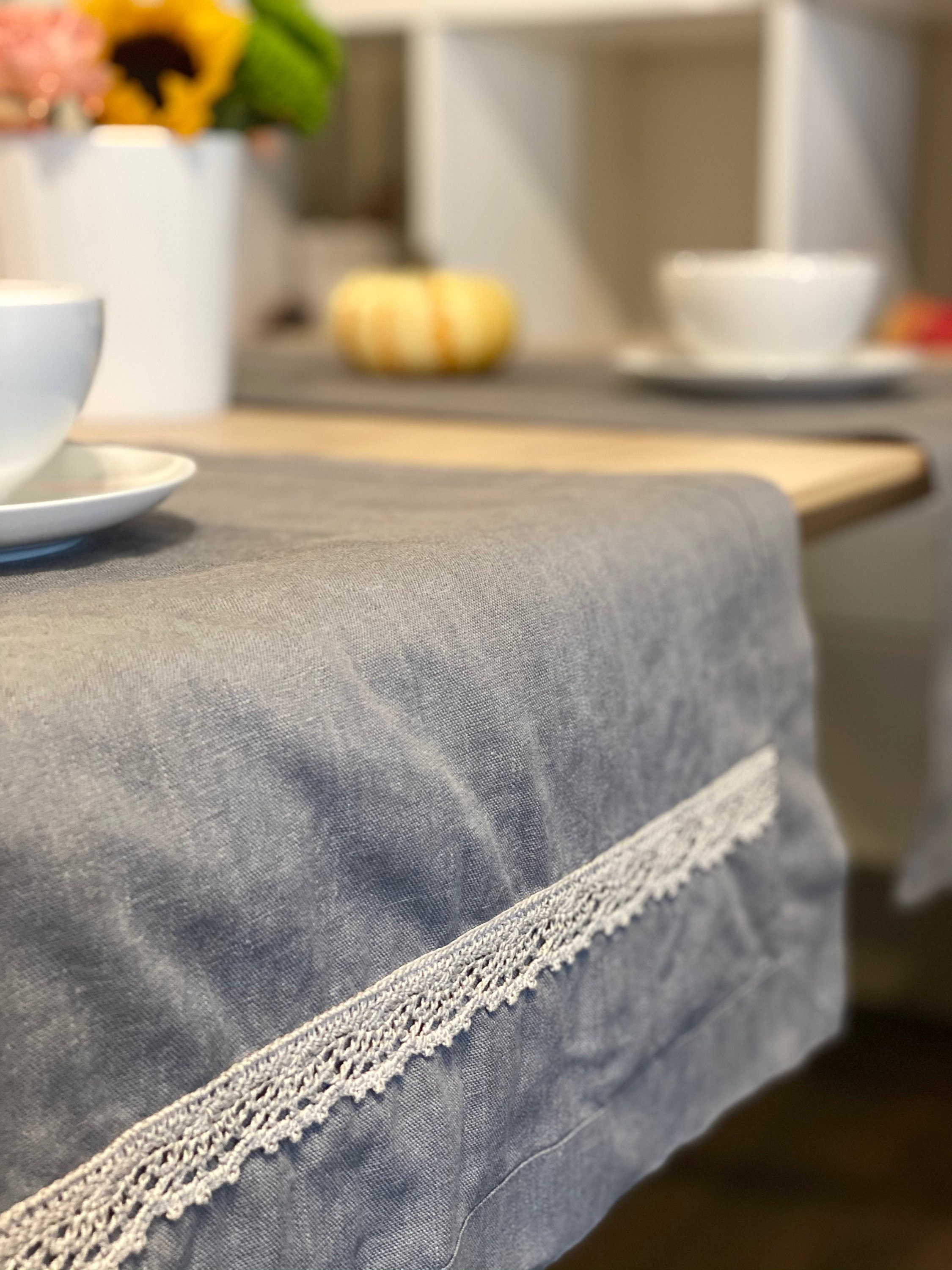 Blue/gray Table Runner With Light Gray Handmade Lace on Both Ends a ...