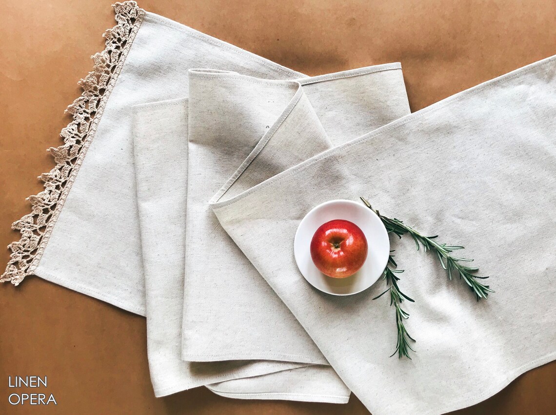 Lovely Beige Linen Table Runner With Handmade Crochet Lace; Long Rustic ...