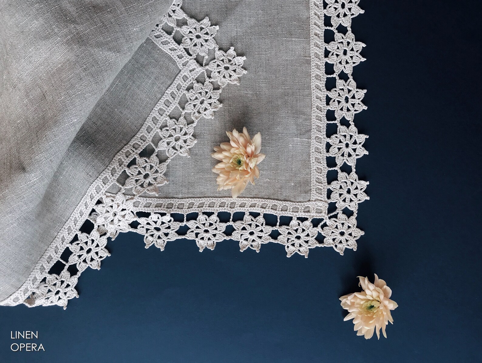 Stunning Gray Linen Tablecloth With White Handmade Crochet Lace Borders ...