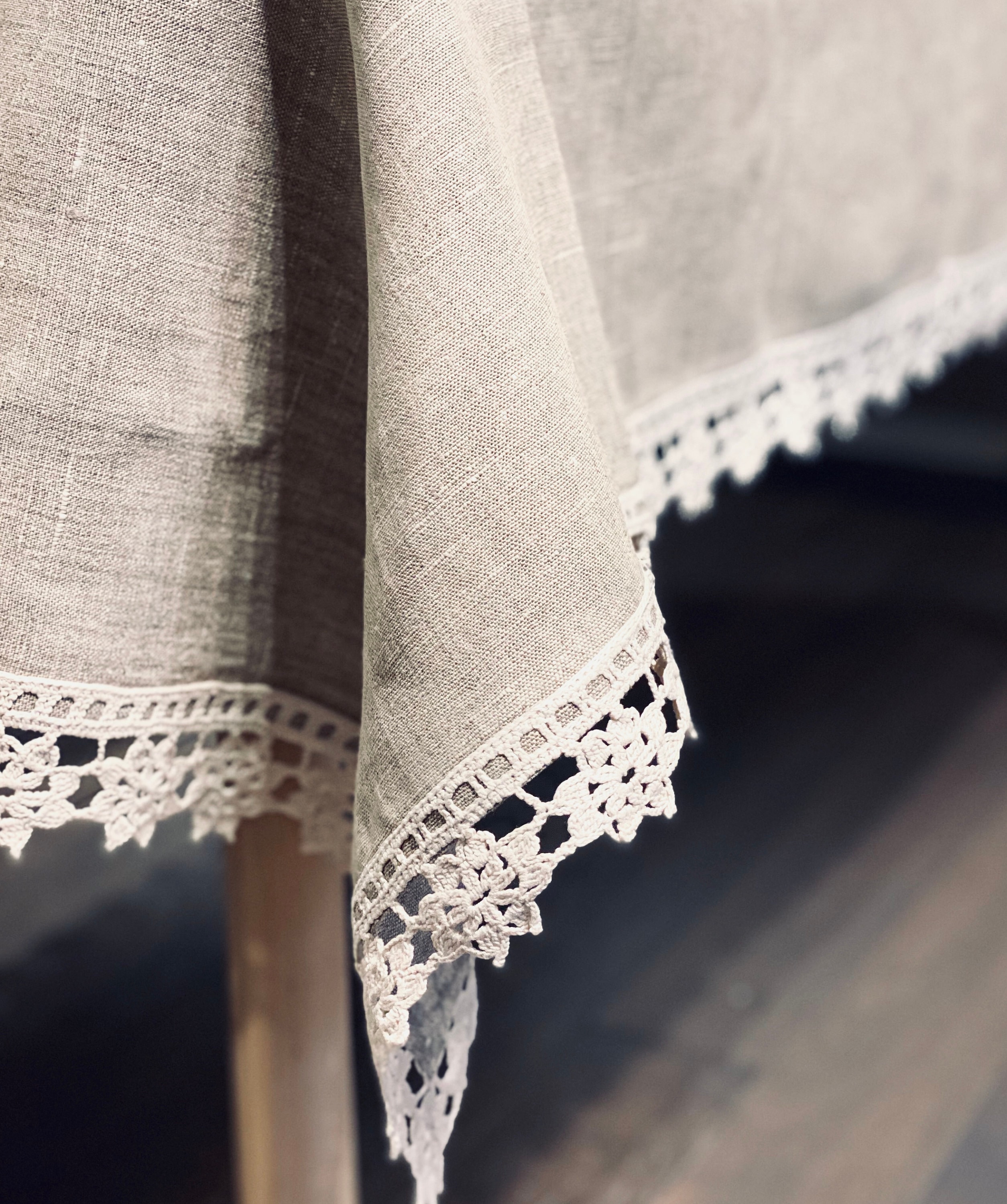 Stunning Gray Linen Tablecloth With White Handmade Crochet Lace Borders ...