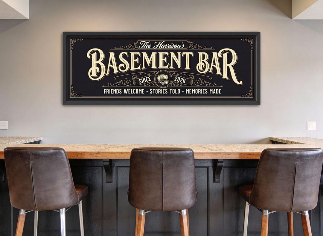Basement Bar Man Cave Sign, Custom Family Name, Vintage Bar Room Decor ...