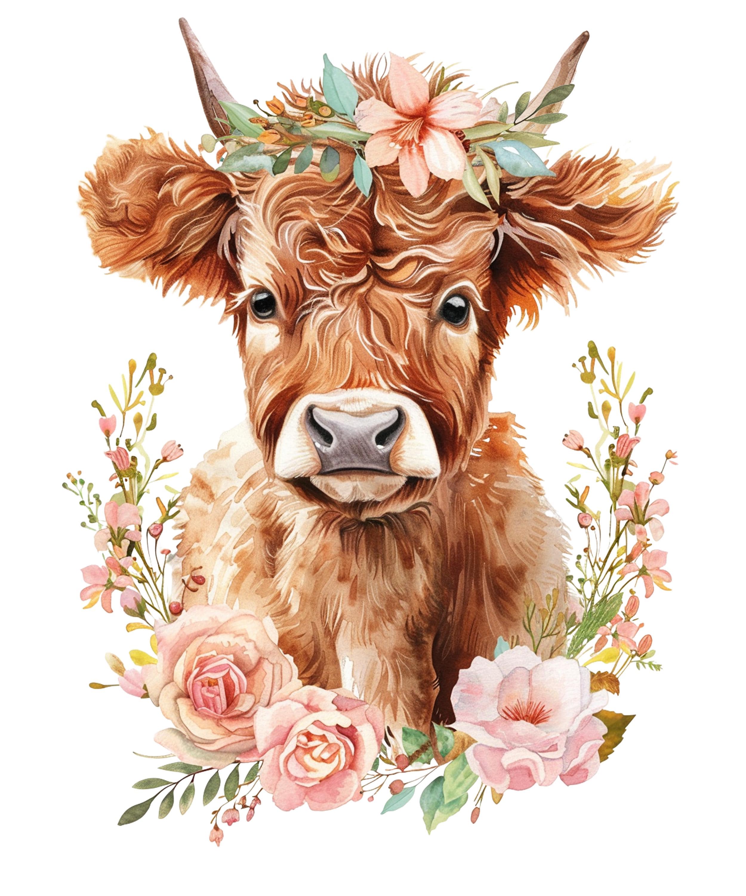 Baby Highland Cow Watercolor Clipart: Pink Flowers (PNG File, 14x17 ...