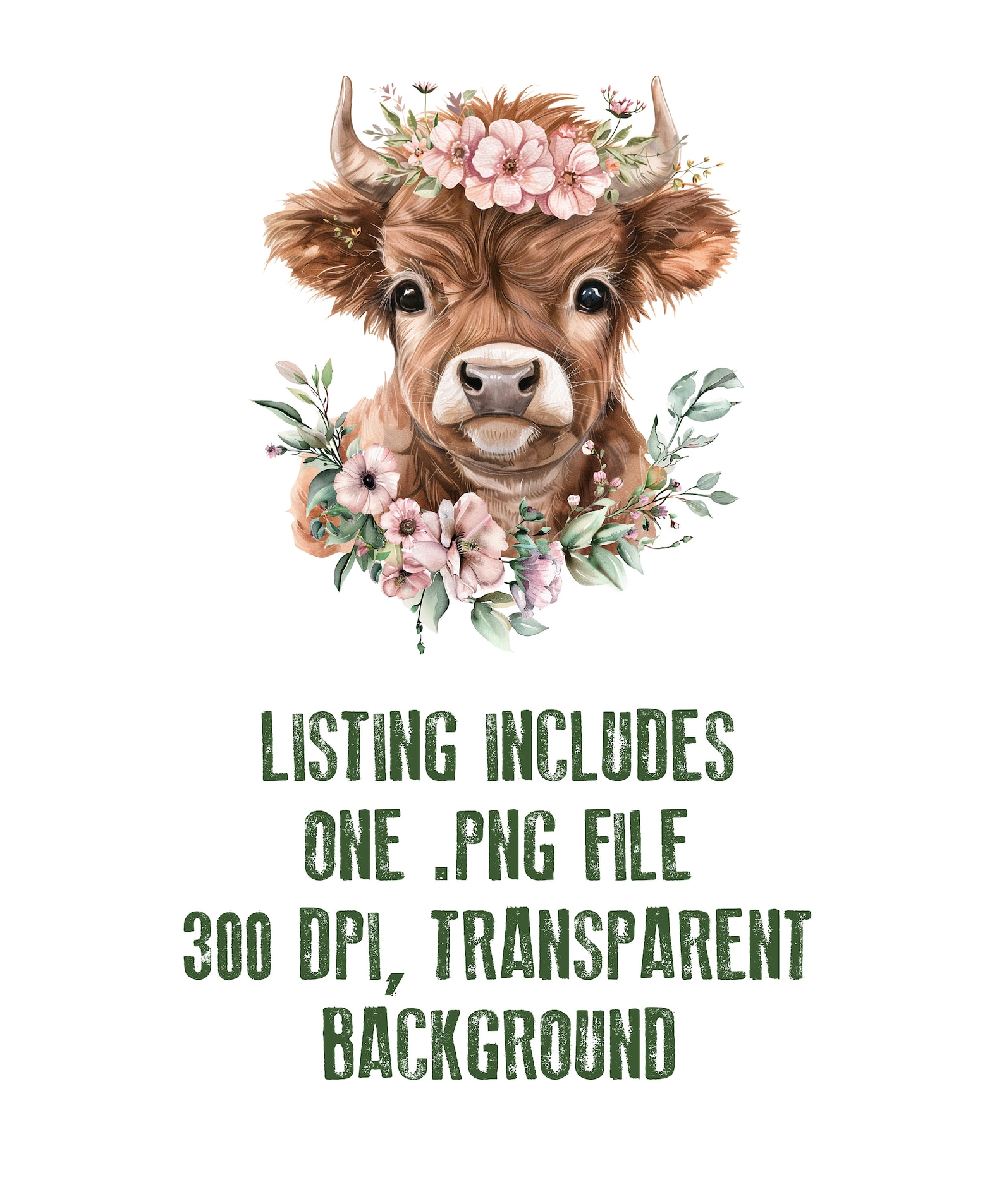 Baby Highland Cow Watercolor Clipart | Pink Flowers | .png File With ...