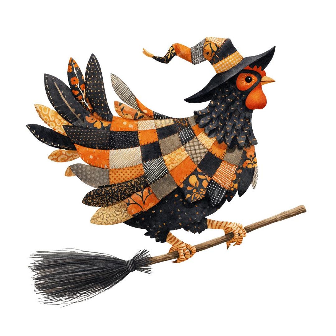 Halloween Chicken Witch Clipart PNG: Patchwork Whimsy (digital Download ...