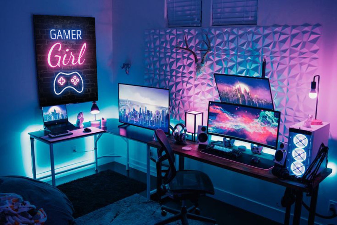 Gamer Girl Neon Poster, Digital Print Gaming Room Decor Wall Art ...
