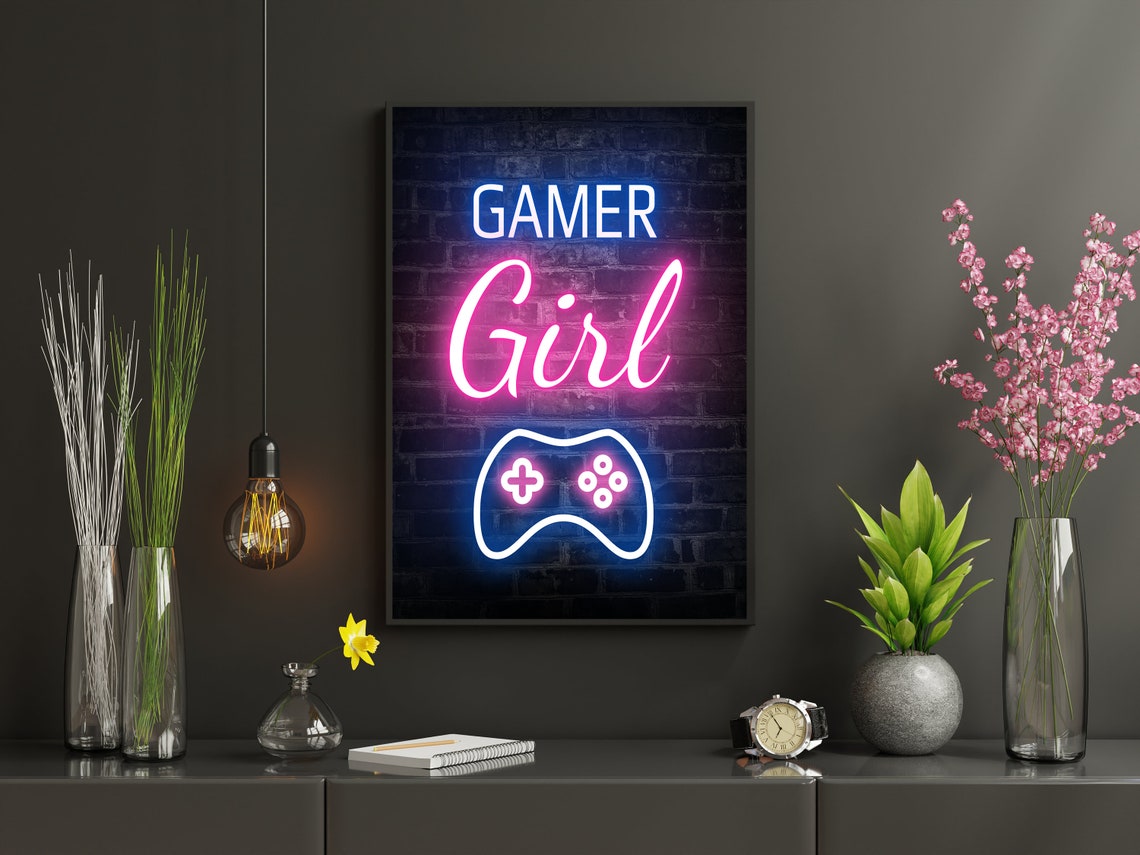 Gamer Girl Neon Poster, Digital Print Gaming Room Decor Wall Art ...