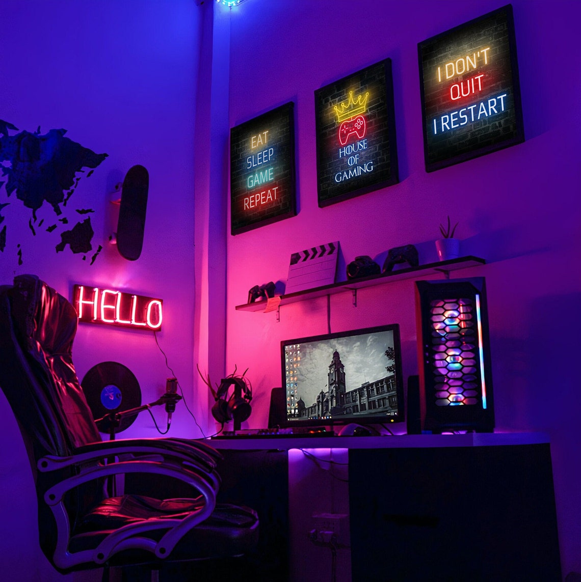 Set of 3 Neon Gaming Poster Digital Print Wall Art Game Room - Etsy