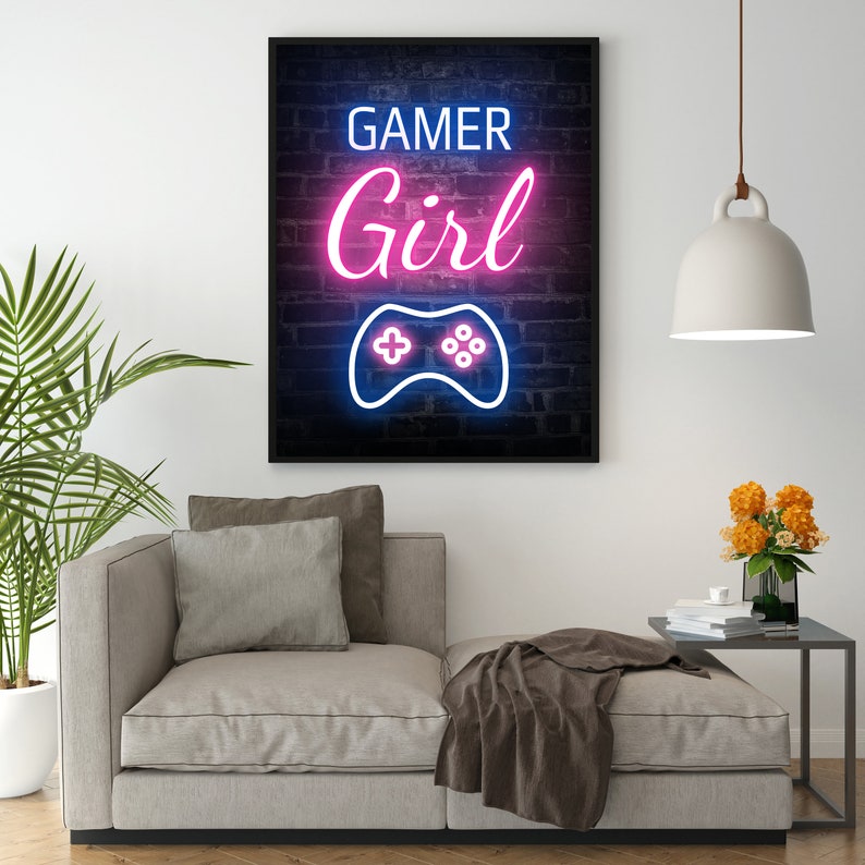 Gamer Girl Neon Poster, Digital Print Gaming Room Decor Wall Art ...