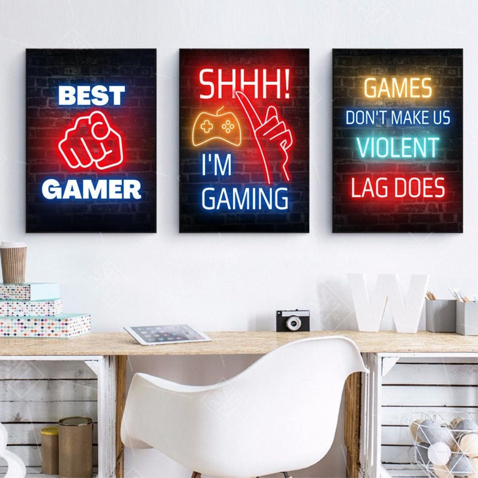 Set of 3 Neon Gaming Poster, Digital Print Video Game Poster, Printable ...