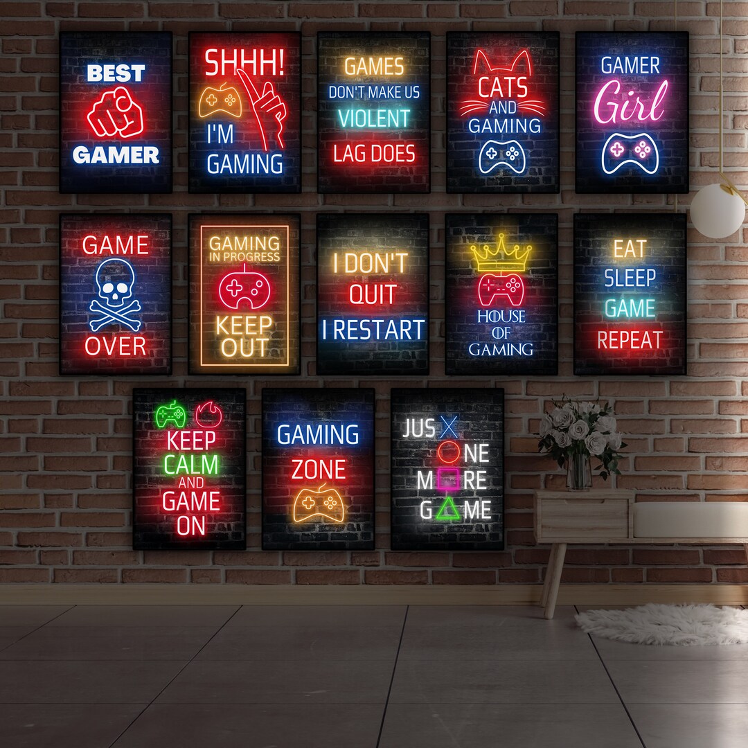Set of 25 Neon Gaming Wall Poster, Digital Print Wall Art, Game Room ...