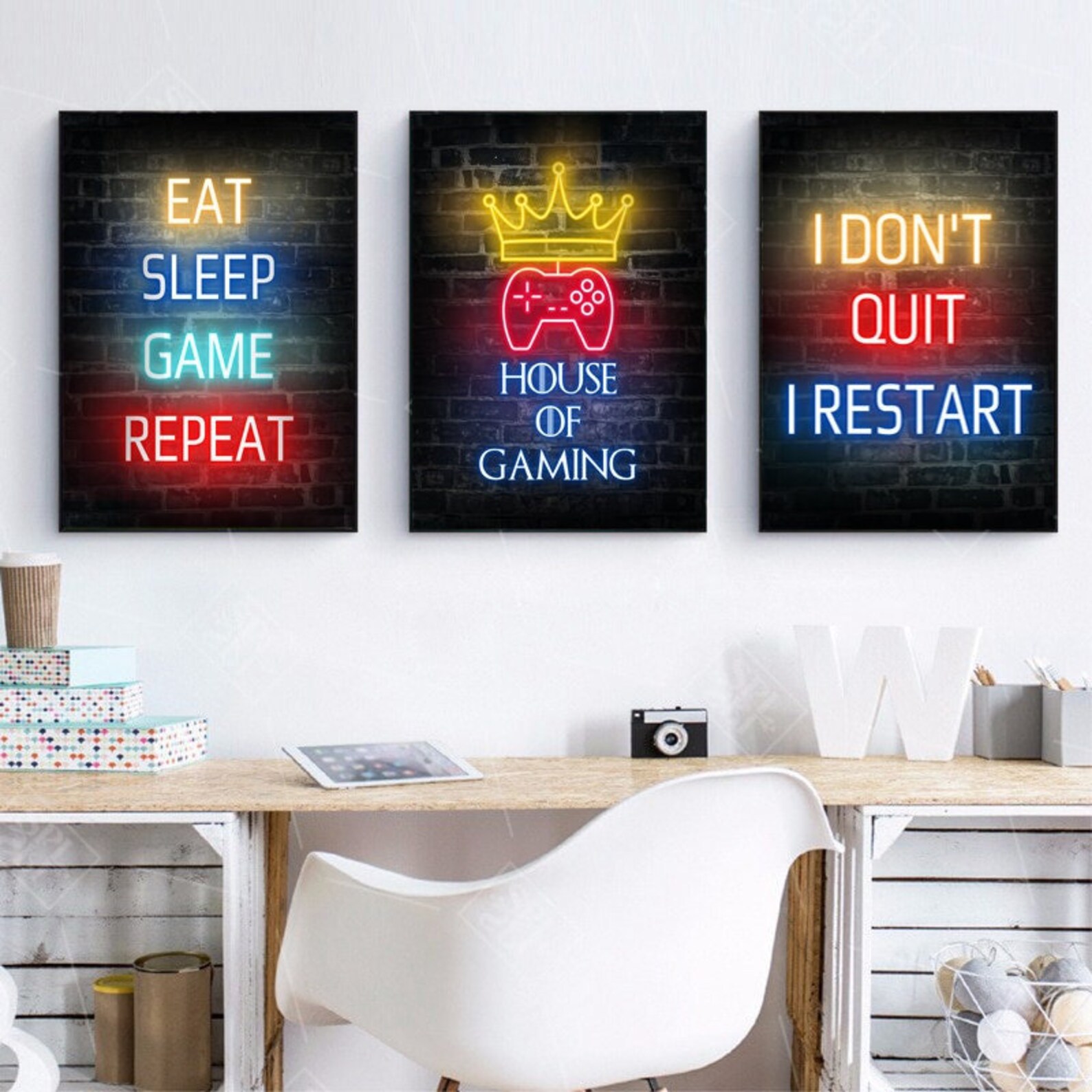 Set of 3 Neon Gaming Poster, Digital Print Wall Art, Game Room Decor ...