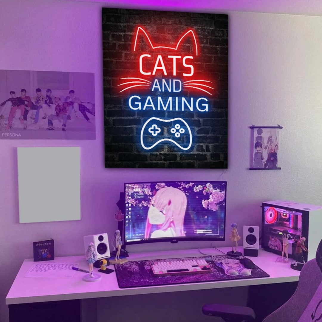 Katzen und Gaming-Poster, Gamer-Mädchen-Geschenk, Neon-Digitaldruck ...
