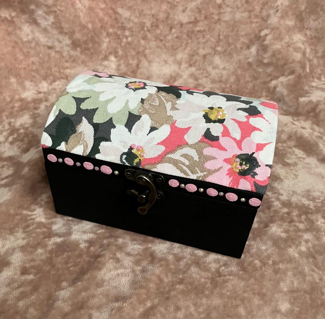 Black Chest Jewellery Box With Cath Kidston Fabric Top and Pink Gems ...