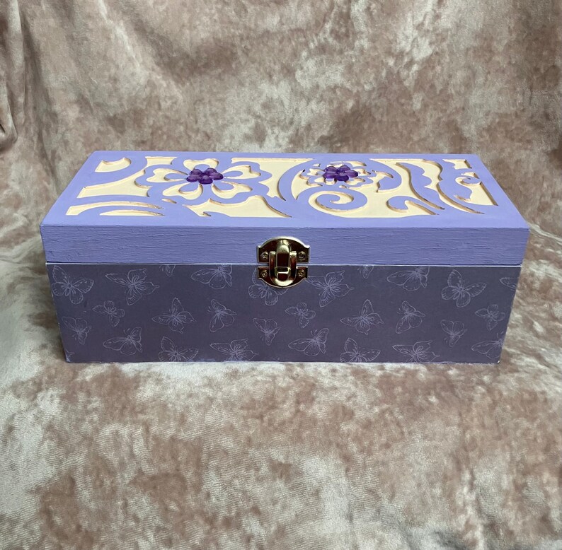 Lilac Purple Rectangle Storage Box. Hand Painted Top With Gem Flowers ...