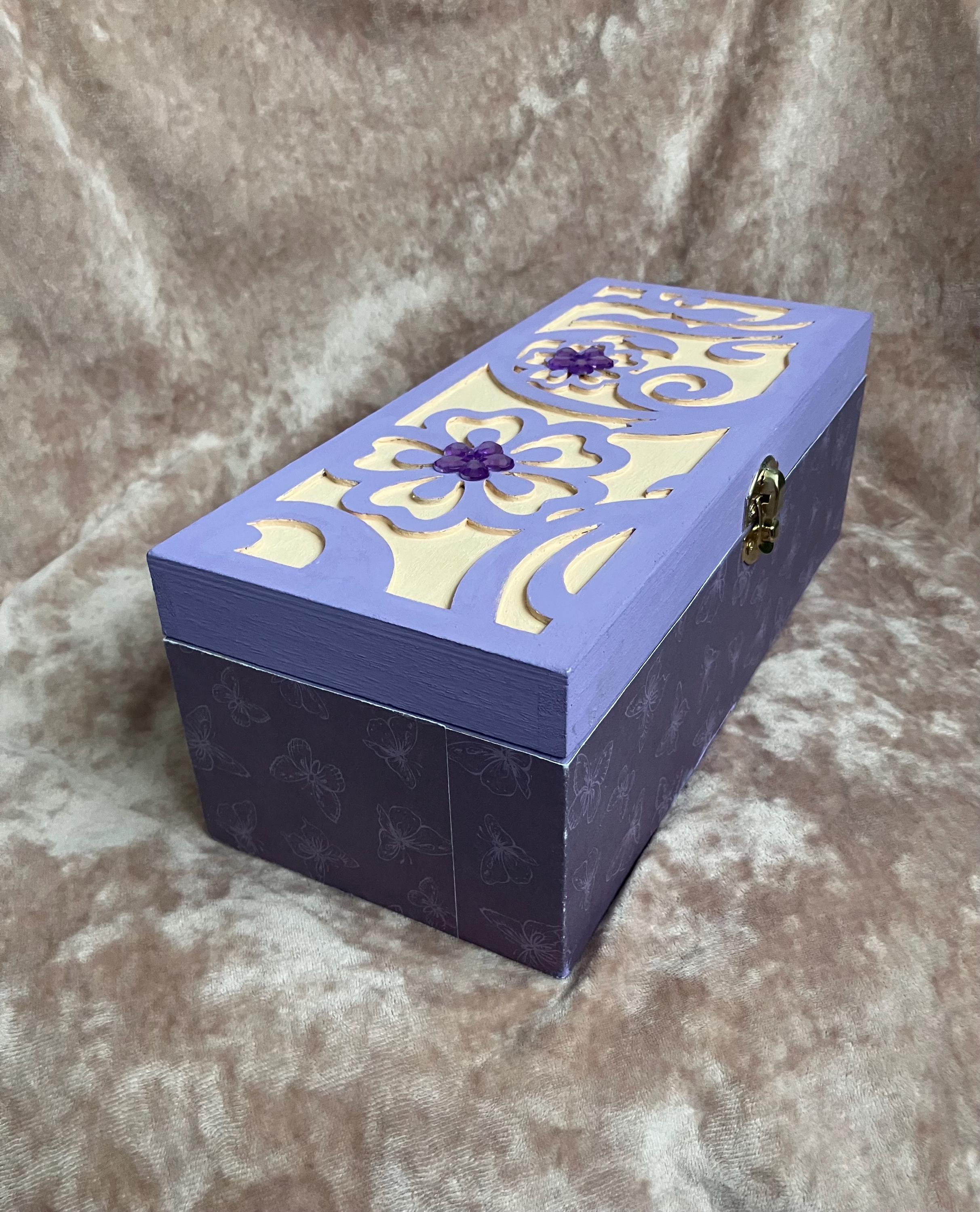 Lilac Purple Rectangle Storage Box. Hand Painted Top With Gem Flowers ...