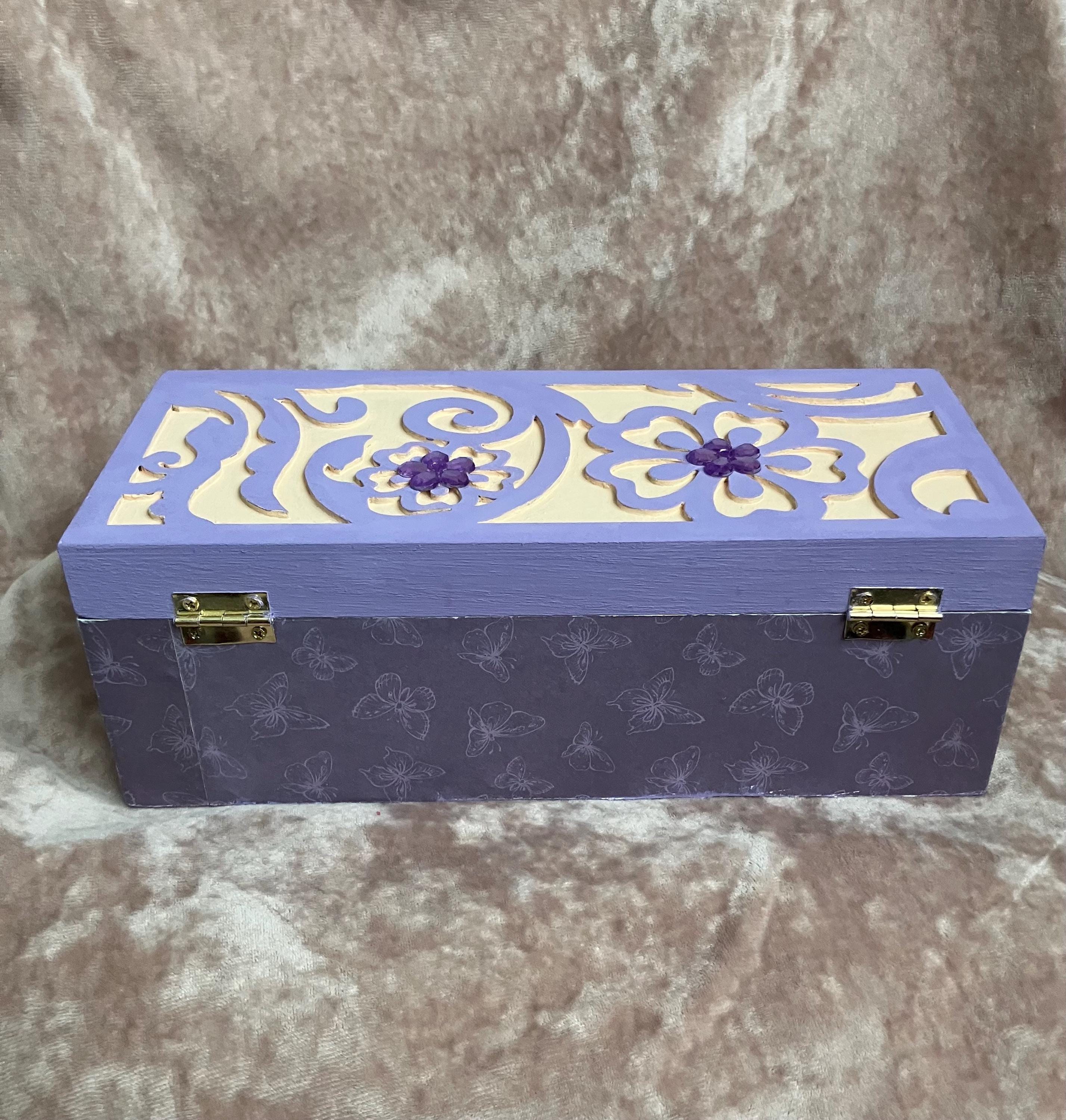 Lilac Rectangle Storage Box: Hand Painted Gem Flowers, Butterfly Paper ...