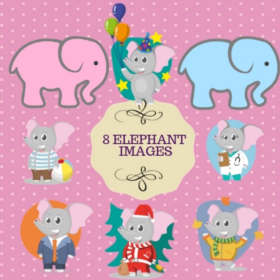 8 Cute Elephant Clipart Set for Personal & Commercial Use. Dr, Party ...