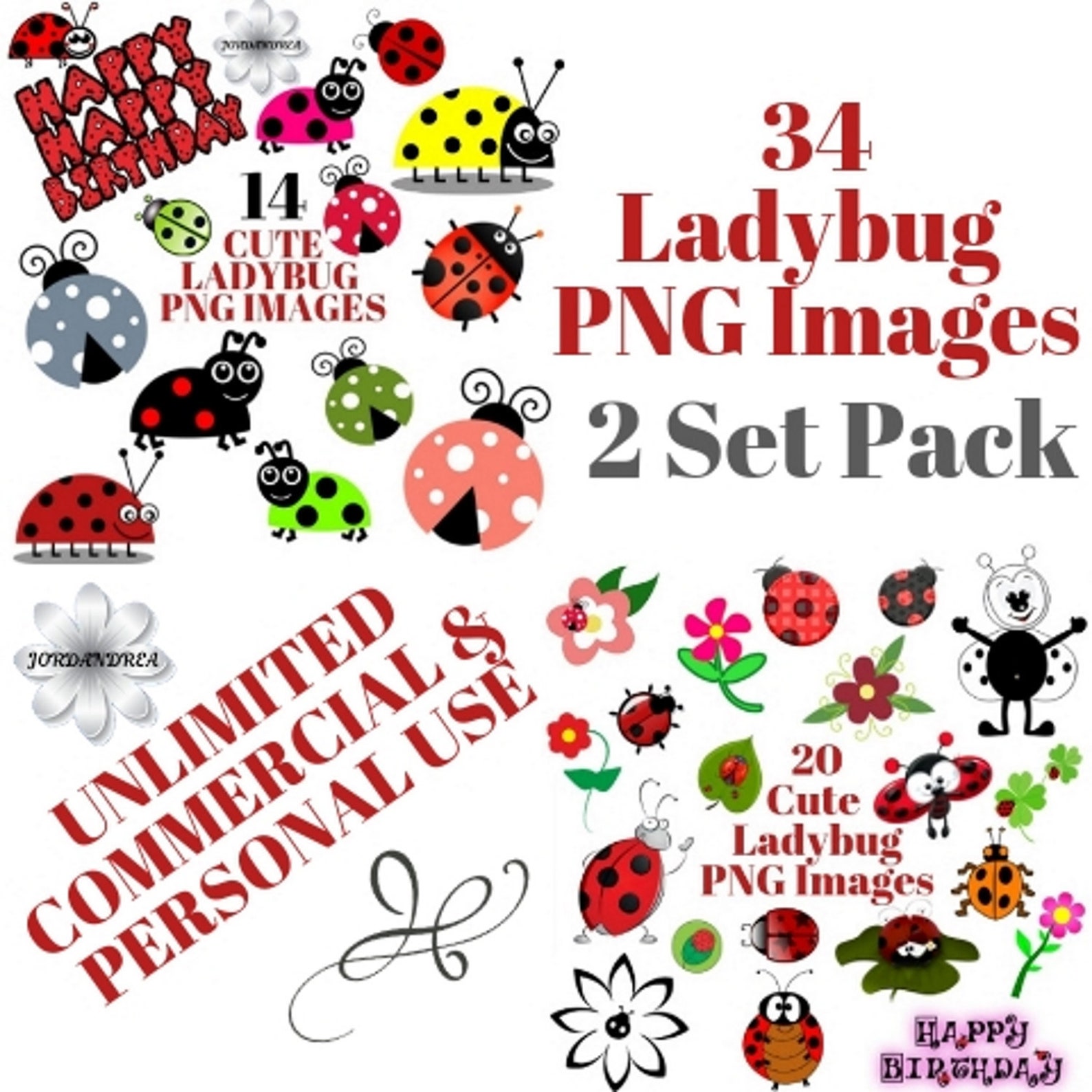 34 Cute Ladybug Image Clipart Set With UNLIMITED Personal & Commercial ...