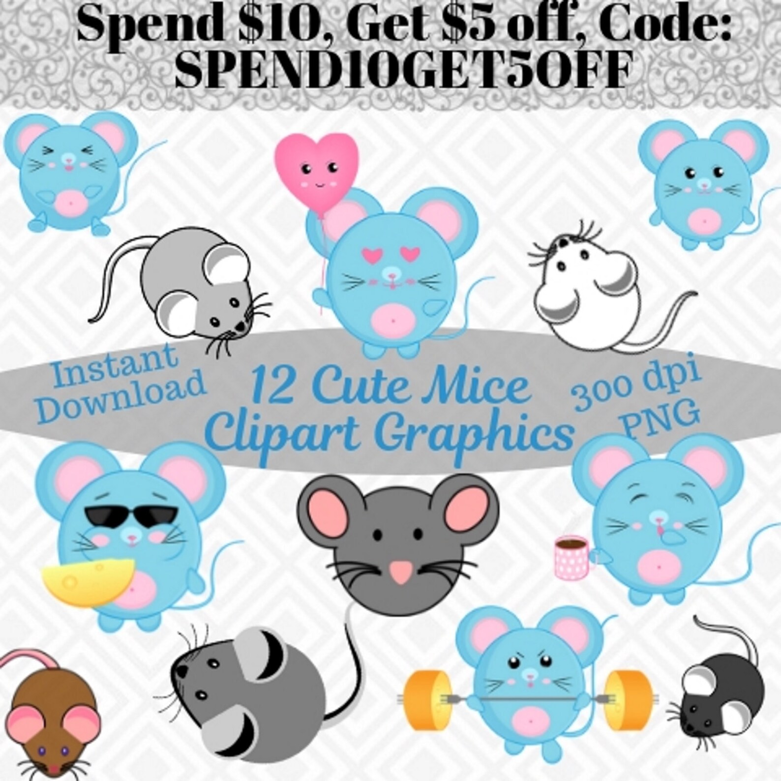 12 Cute Mouse Clipart Set for Personal & Commercial Use. Mice Clip Art ...