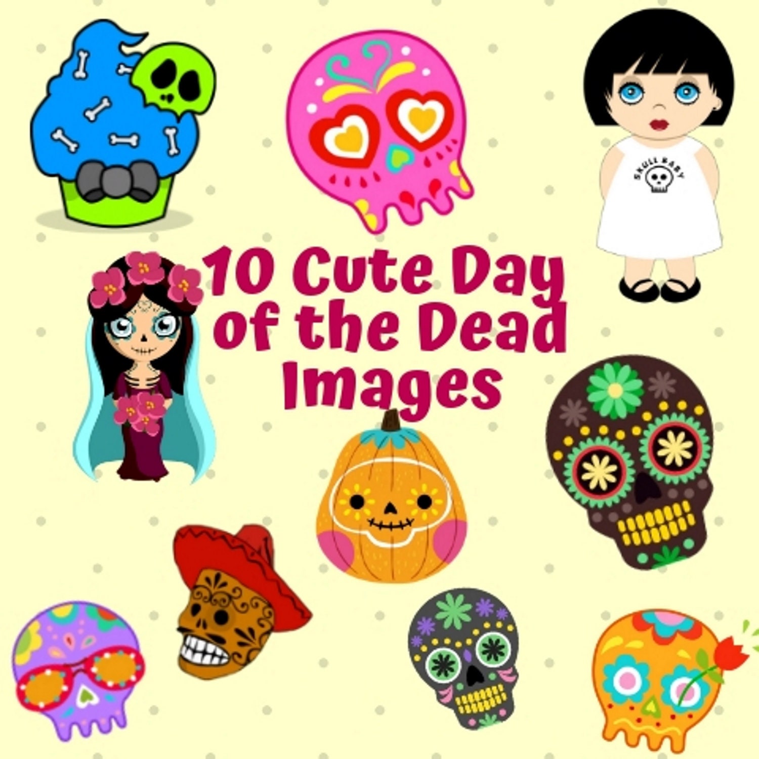 10 Cute Day of the Dead Skull clipart set for Personal & | Etsy
