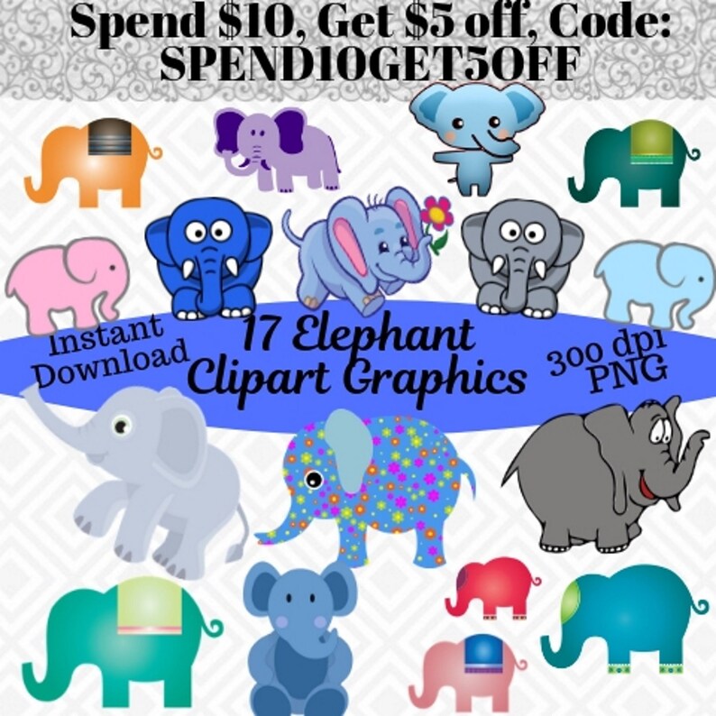 17 Cute Elephant Clipart Set for Personal & Commercial Use. Colorful ...