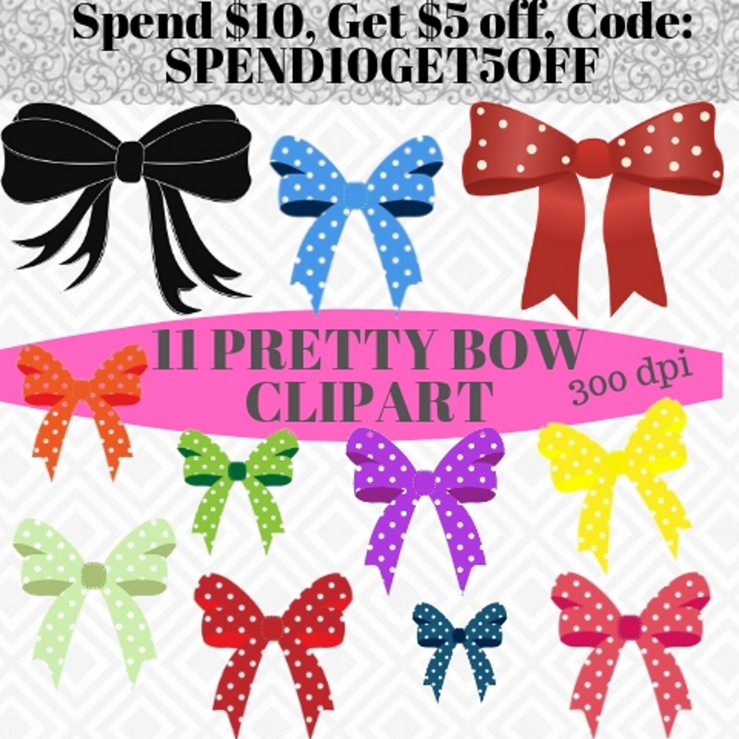 11 Pretty Hair Bow Clipart Set for Personal & Commercial Use. Colorful ...