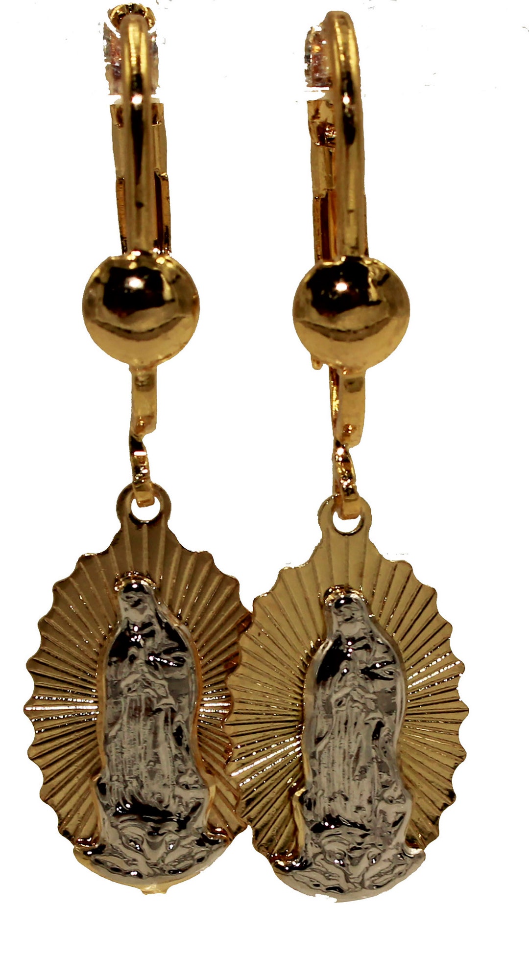 Virgen De Guadalupe 2 Tone 18K Gold Plated Dangle Earrings Leverback ...