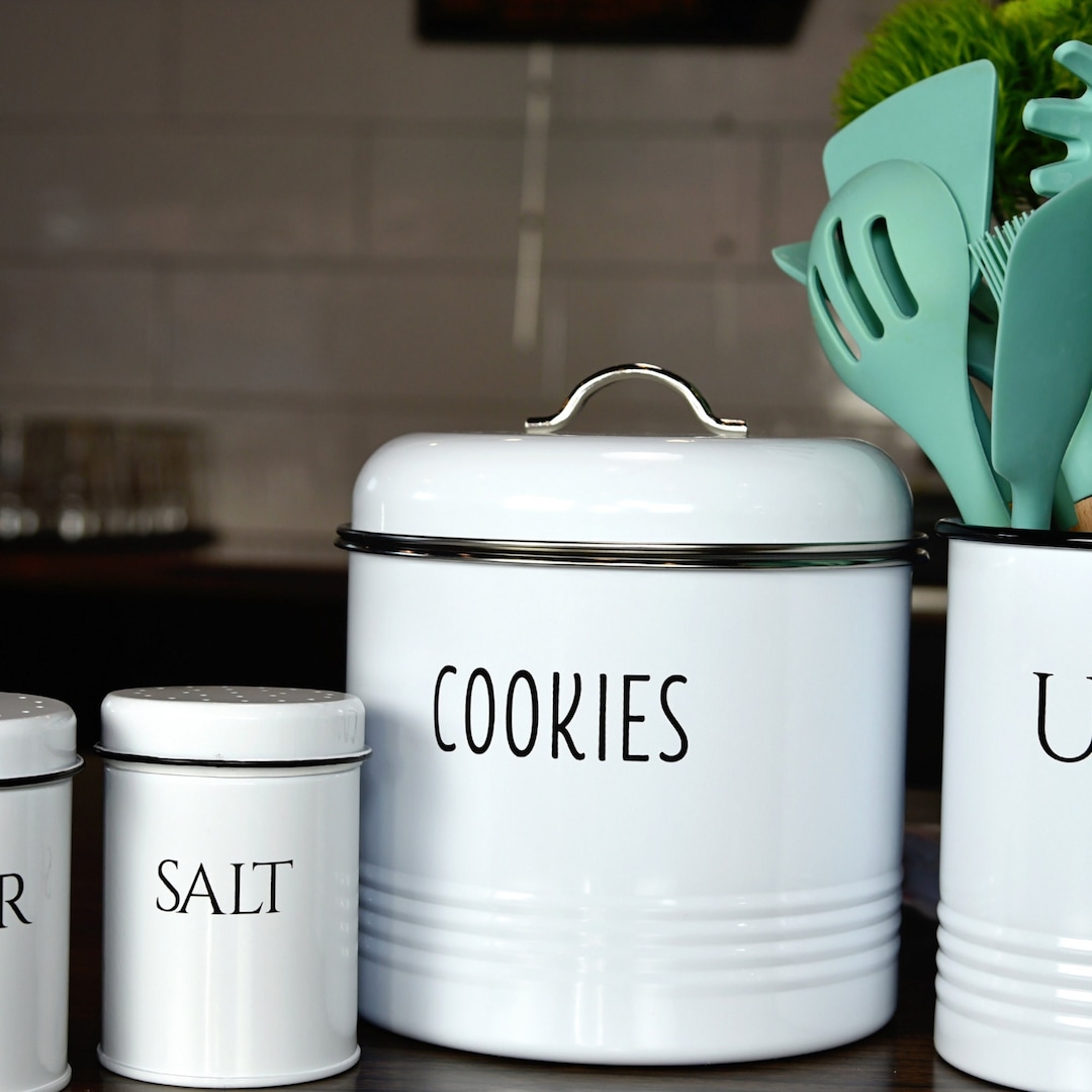 White Metal Cookie Jar With Lid & Cookie Cutters Set Vintage - Etsy