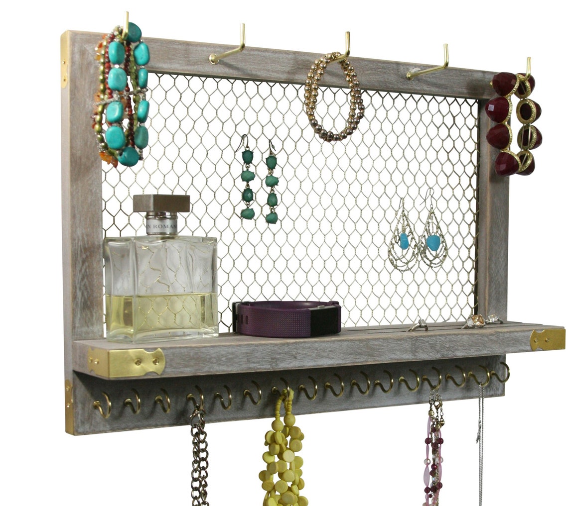 Outshine Rustic Wood & Gold Metal Wall Mounted Hanging Jewelry - Etsy