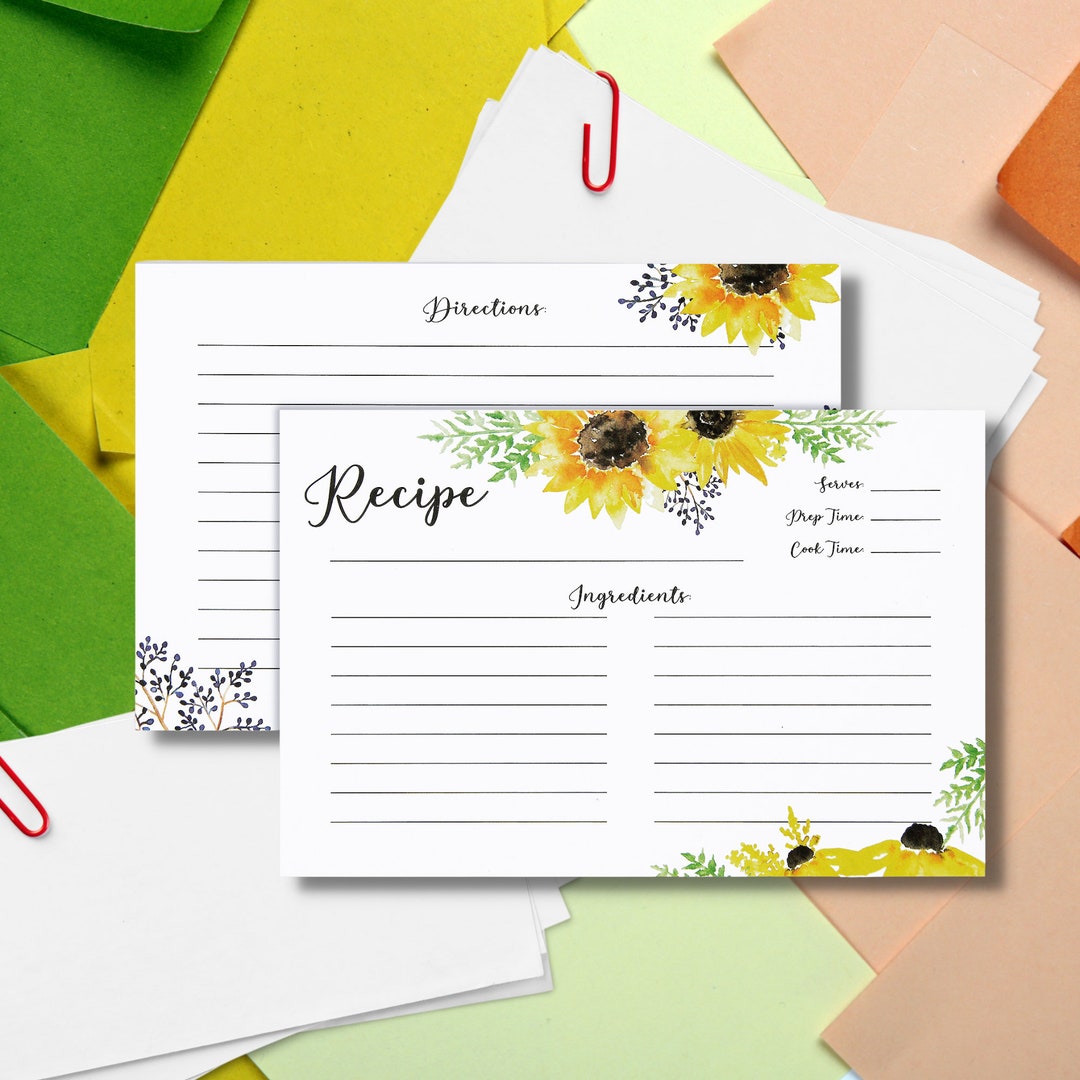 OUTSHINE Recipe Cards 3x5, Sunflower Design Recipe Card Template for ...