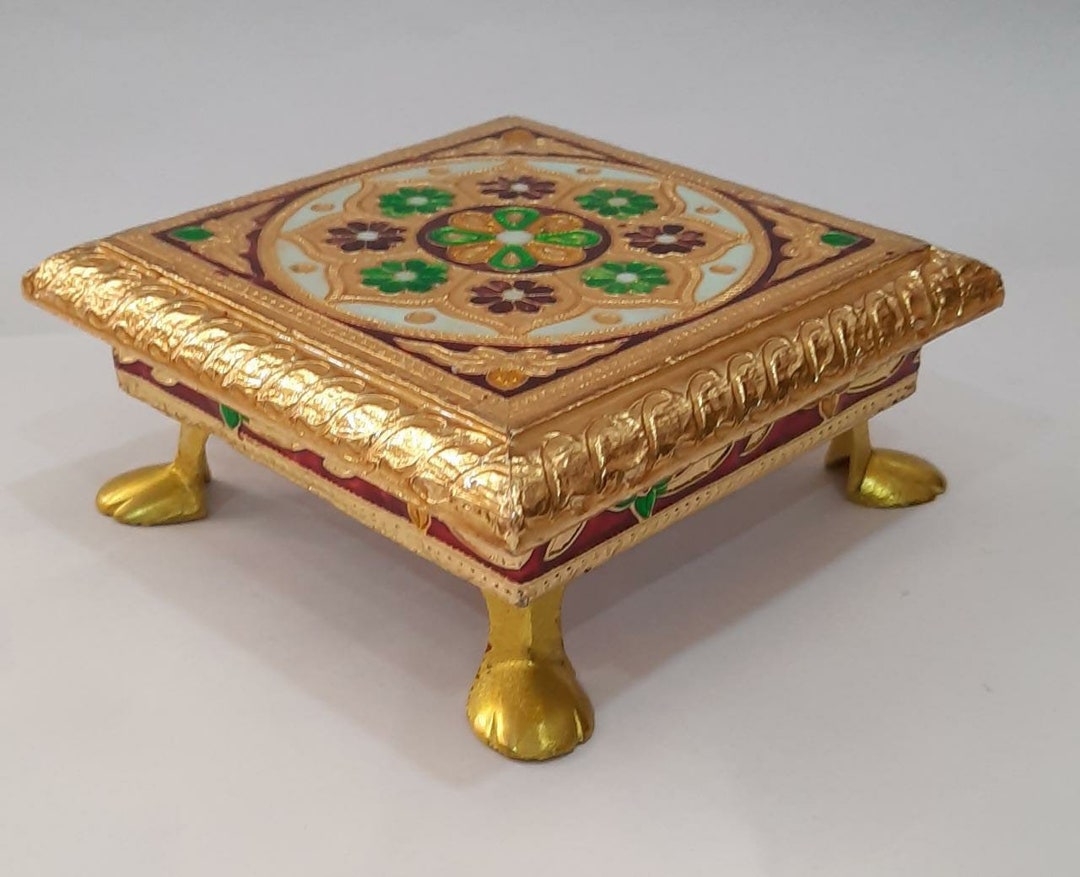 Wooden Chowki With Meenakari Work| Chaurang| Stool for God| Table for ...