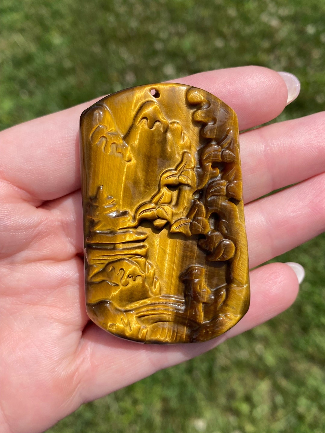 Tigers Eye Mountain Scene Mala Pendant Strand - Genuine - Natural Stone ...